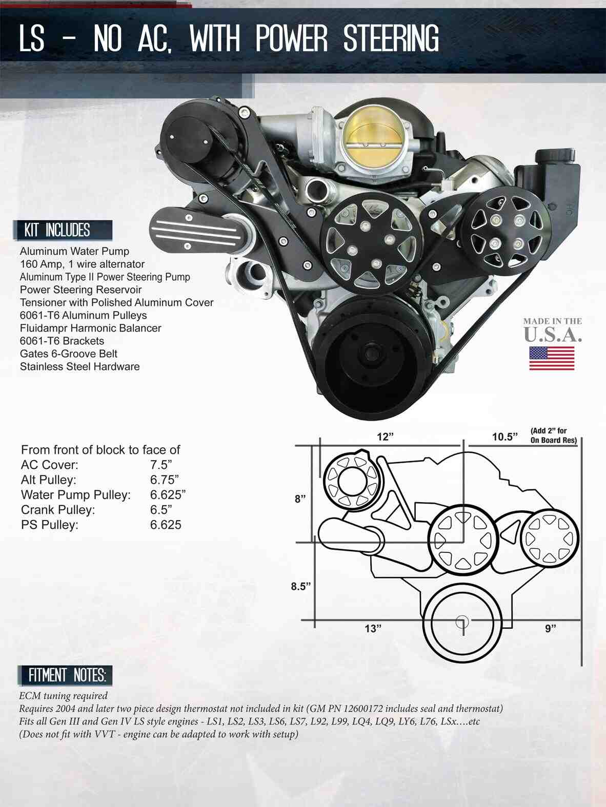 All American Billet FDS-LS-203-E-CP Serpentine Kit GM Gen3 LS, CP