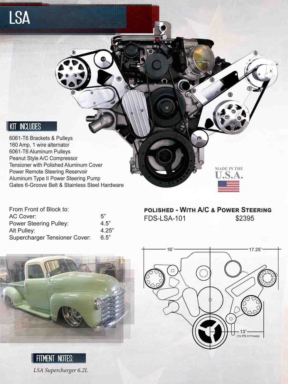 All American Billet FDS-LSA-201-CP Serpentine Kit, LSA 6.2L, CP