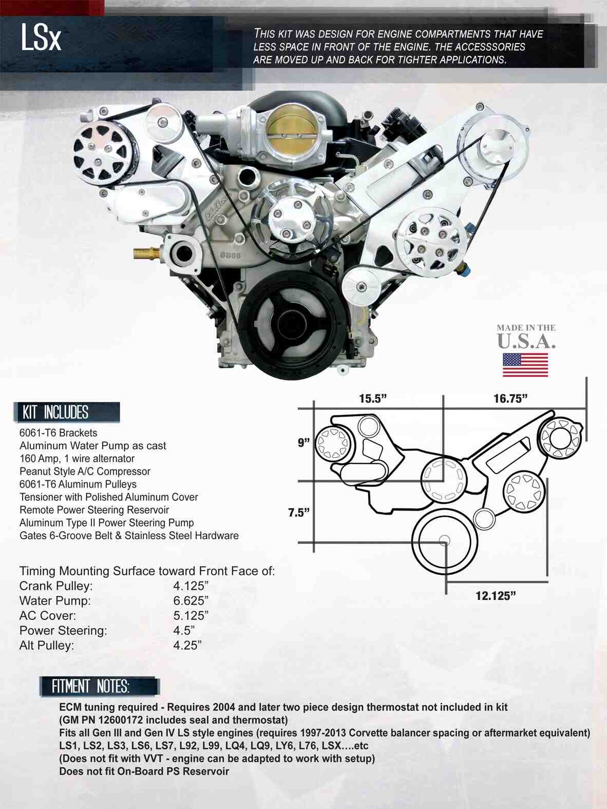 All American Billet FDS-LSX-201-E Serpentine Kit, GM LSX, OP