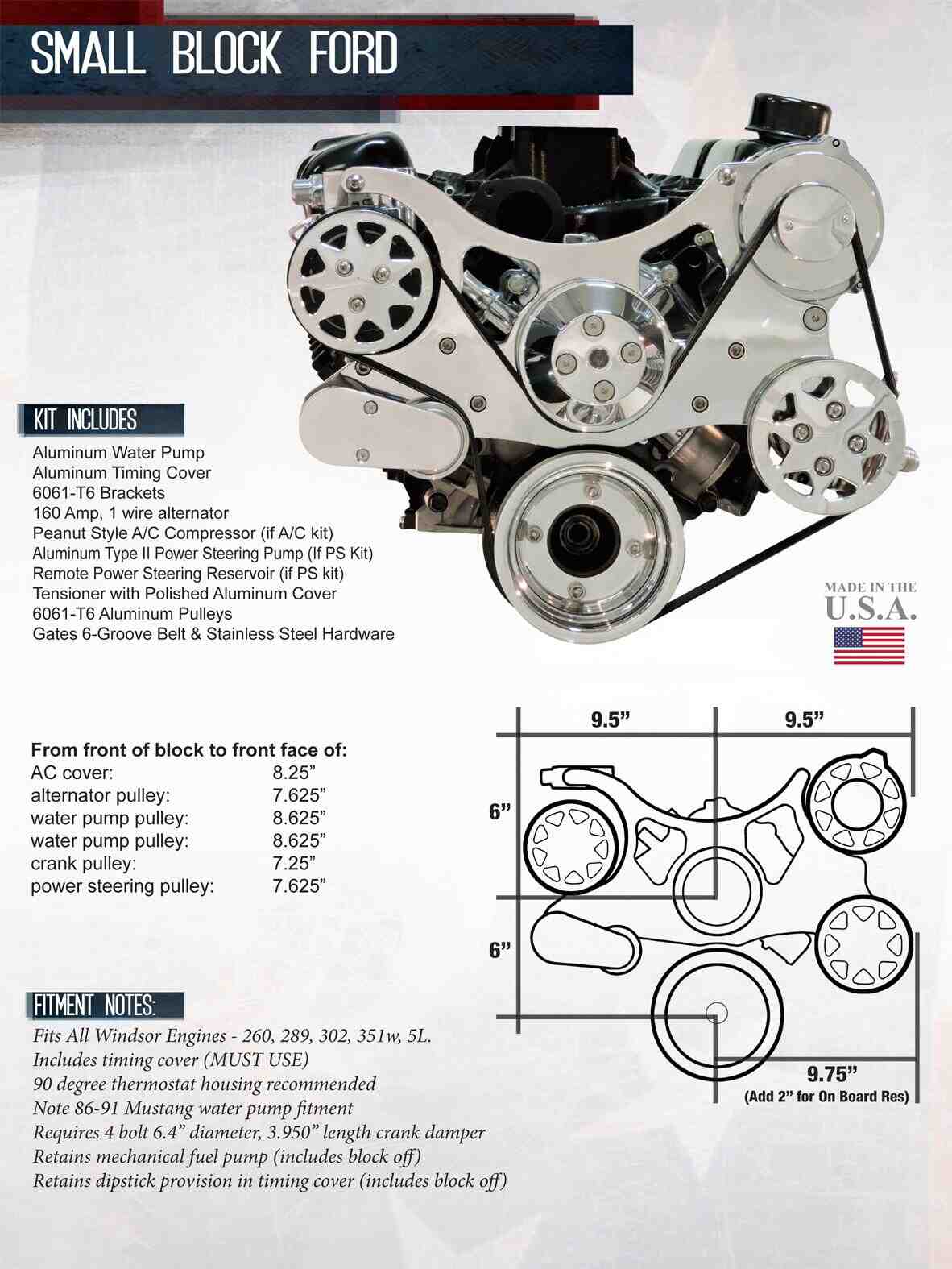 All American Billet FDS-SBF-501-CP Serpentine Kit, SBF, CP