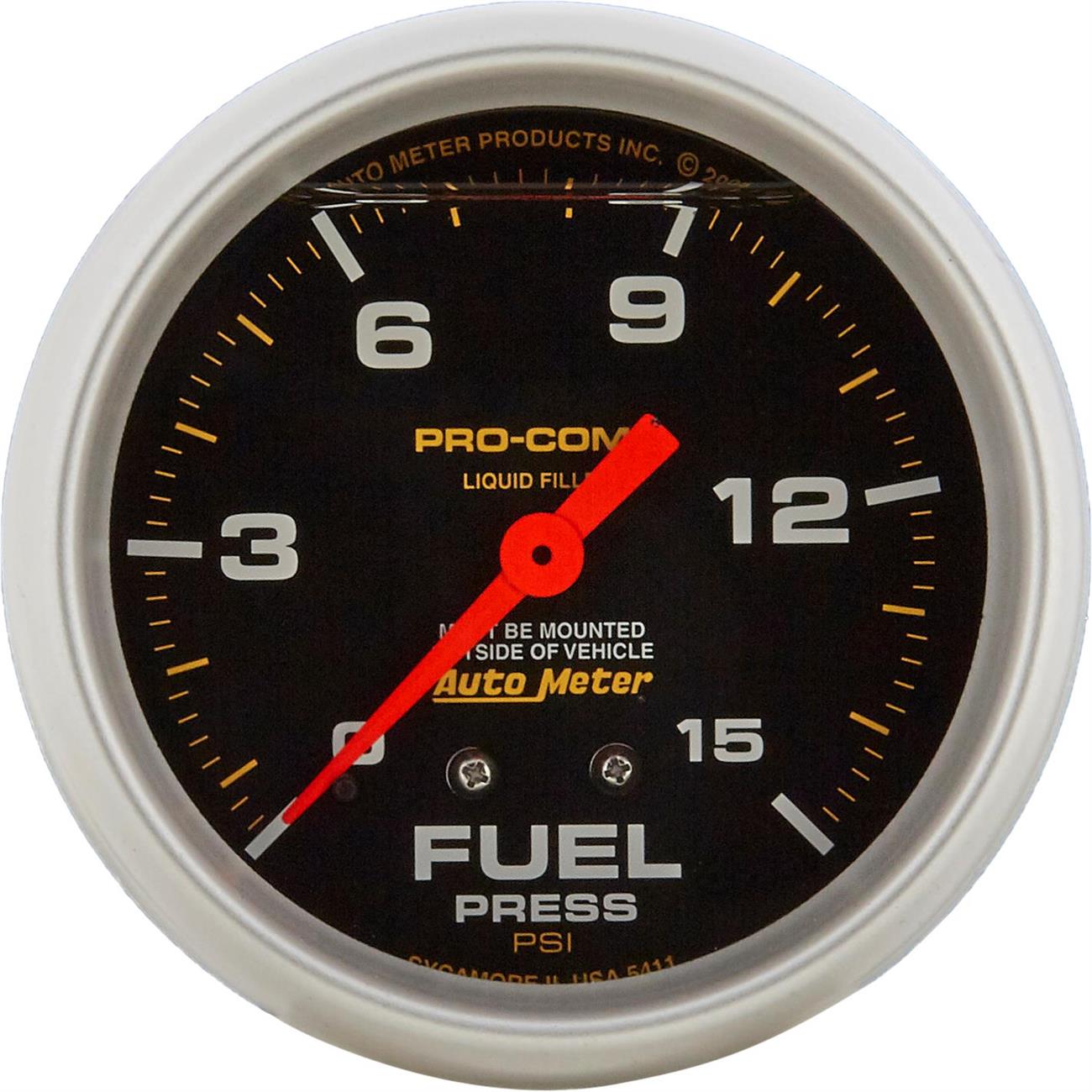 AutoMeter 5411 Pro-Comp Mechanical Fuel Press. Gauge,15 PSI,2-5/8