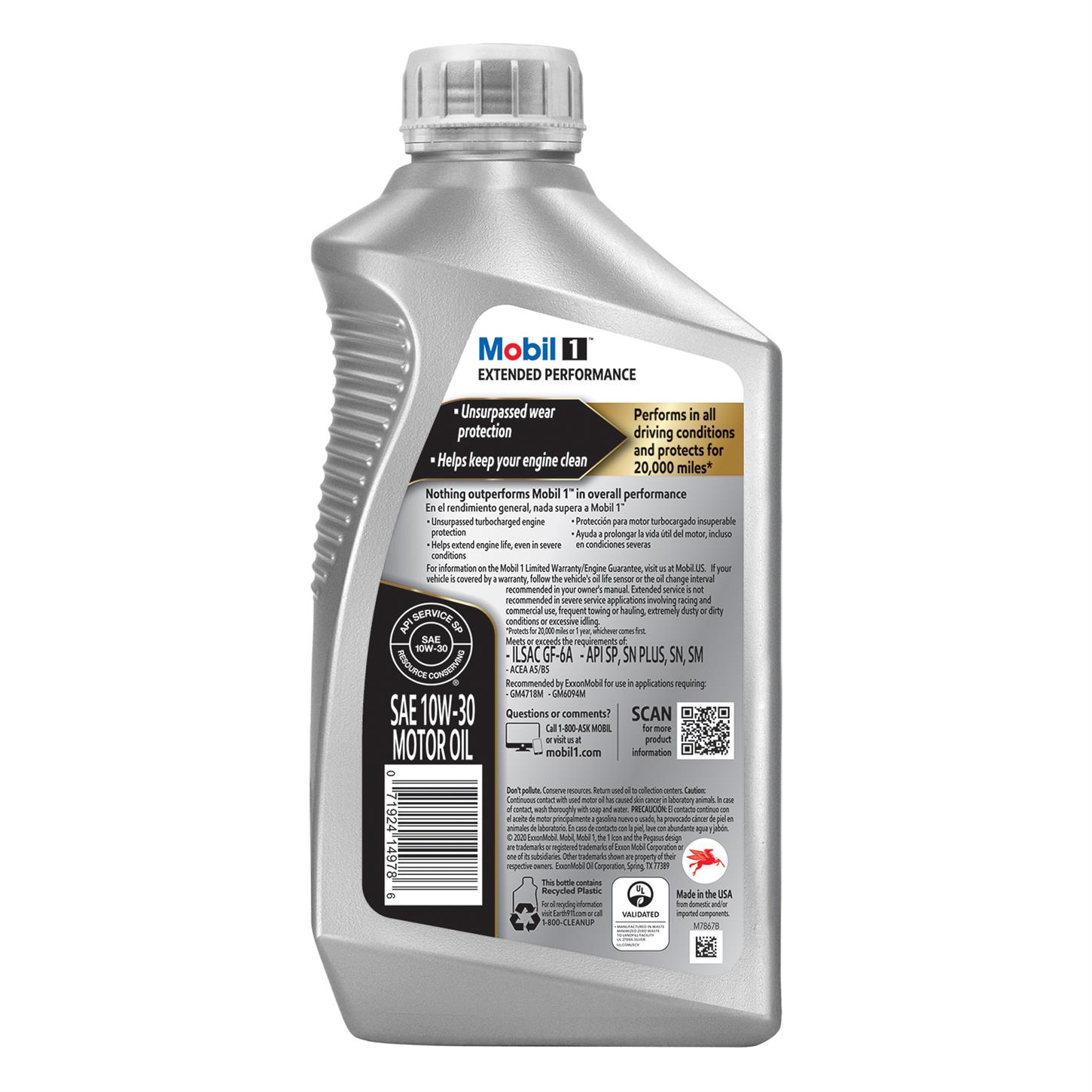 Mobil 1 Extended Performance Full Syn Oil 10W-30, 1 Qt, Case of 6