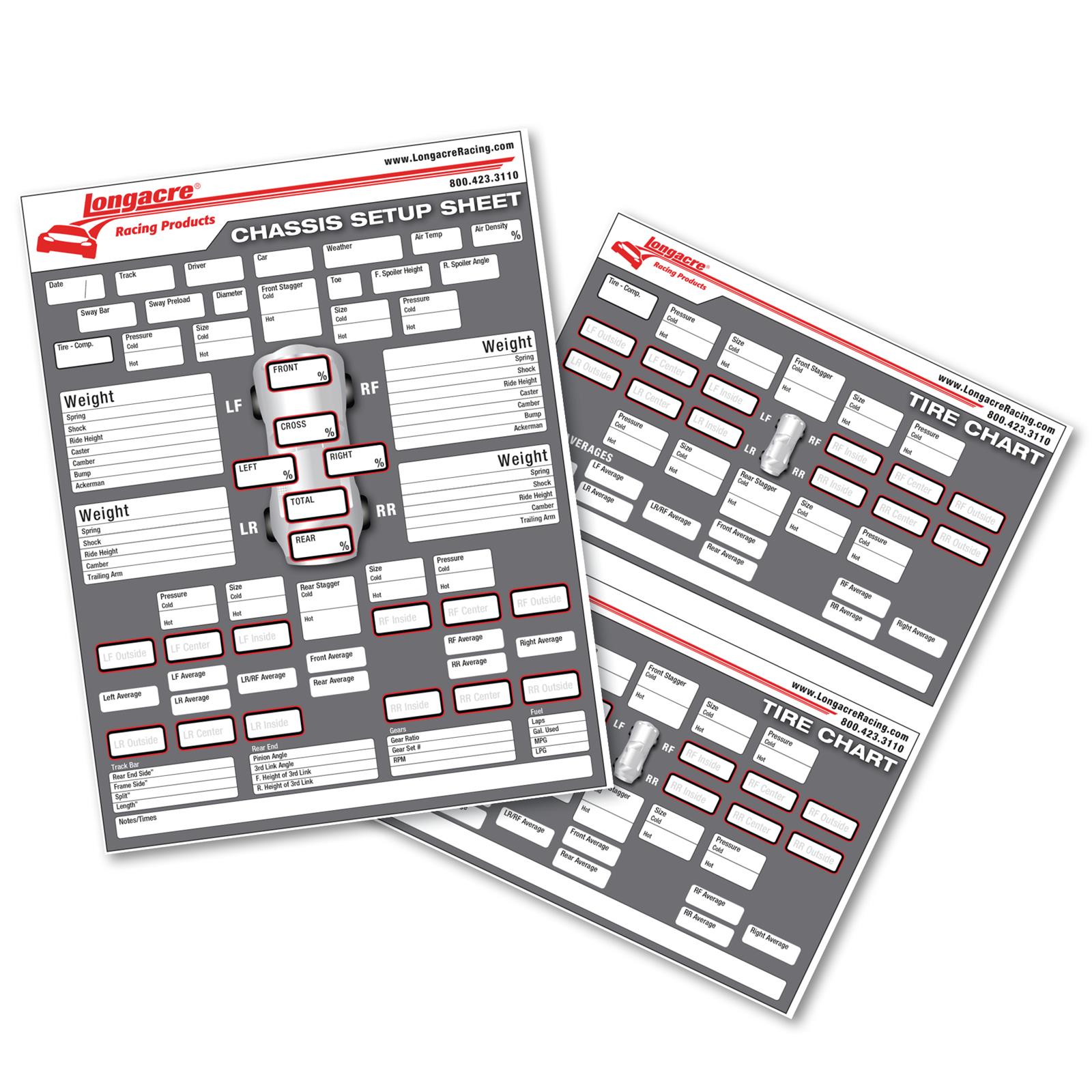 Longacre® 52-22528 Chassis Set-Up/Tire Chart, 1 Pad/50 Sheets