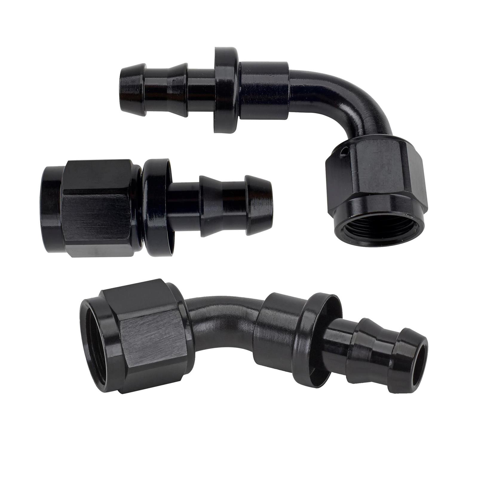 Black Socketless Push-On Hose End Fittings, AN8, Straight/45/90