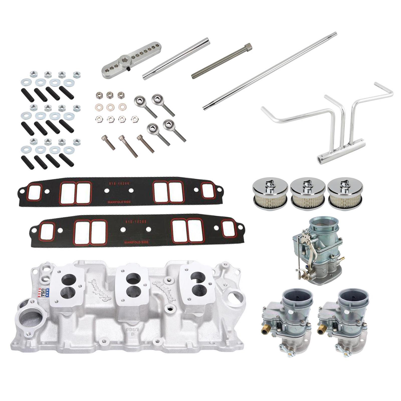 1957-86 SBC 3x2 Carb/Intake Manifold Kit w/Stainless Lines