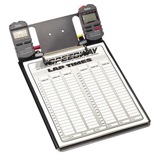 Clipboard with Two Robic SC-505 Stopwatches and Lap Sheets