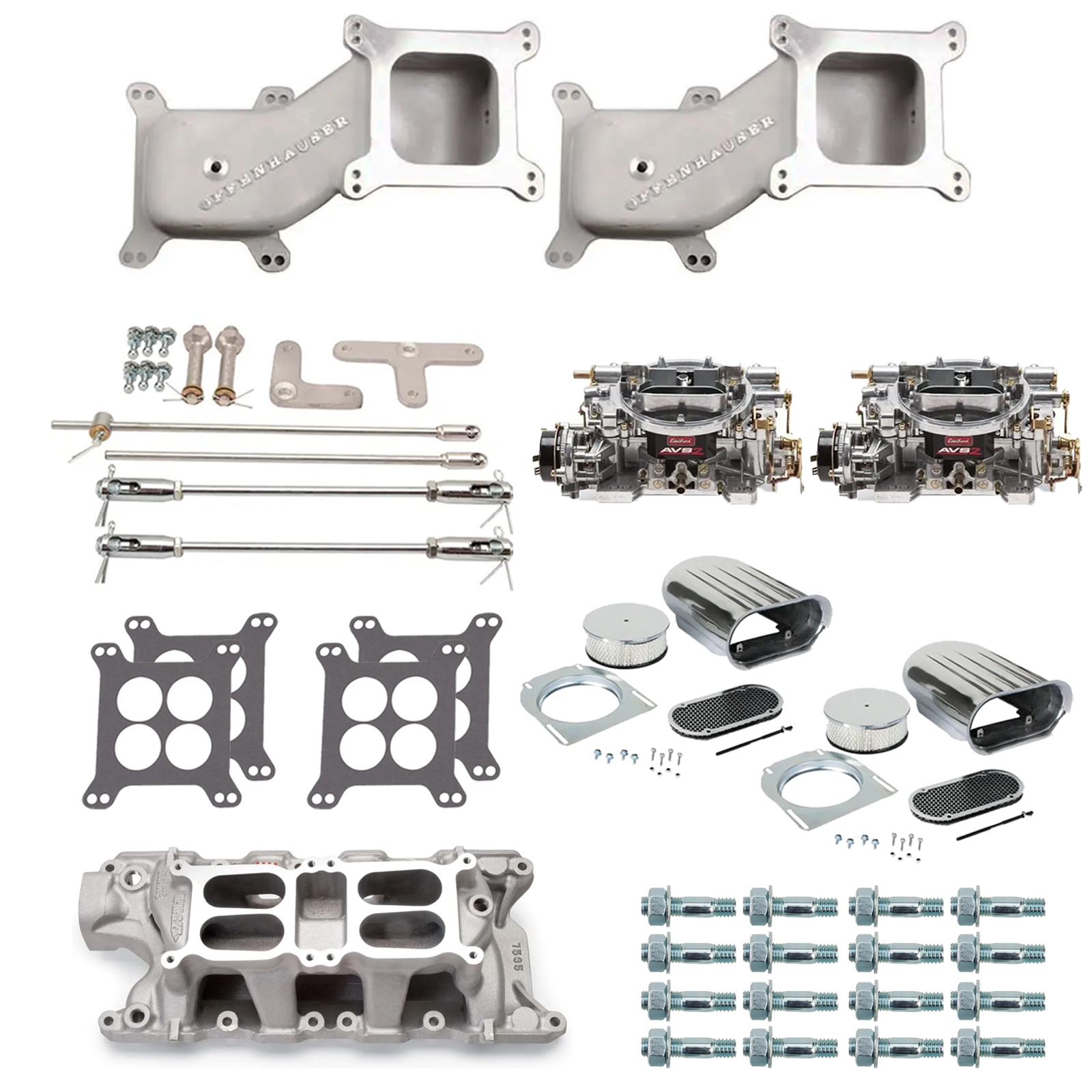 SBF Dual Quad Cross Ram Adapter Kit with Carburetors and Manifold