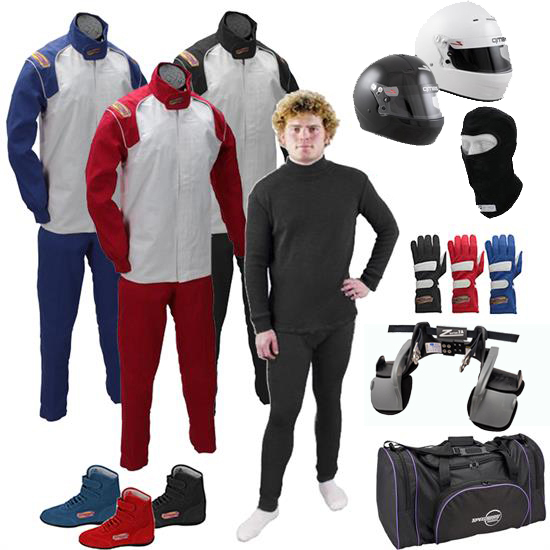 Mega Racer Safety Kit, Zamp Helmet/Restraint,1-Layer 2-Piece Suit