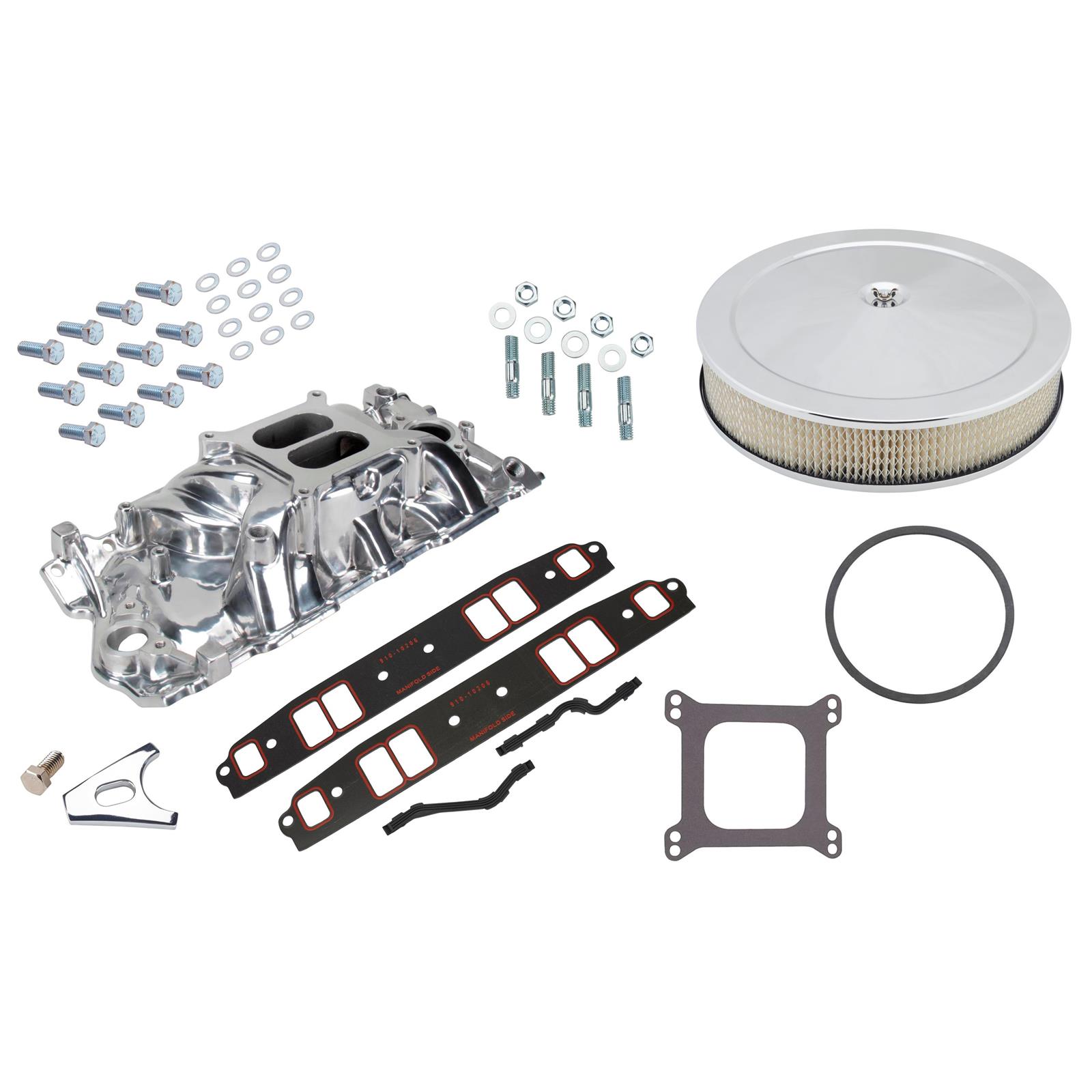 1957-86 SBC Intake Manifold Kit w/ Gaskets & Air Cleaner, Polish