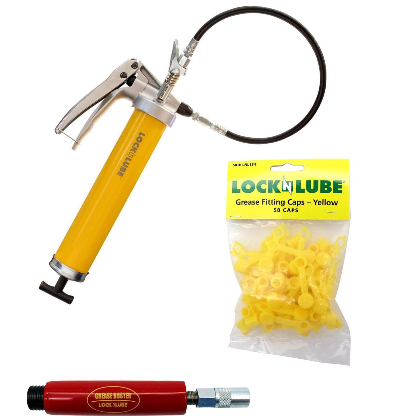LockNLube Pistol Grip Pro Grease Gun, 50 Caps, Grease Buster