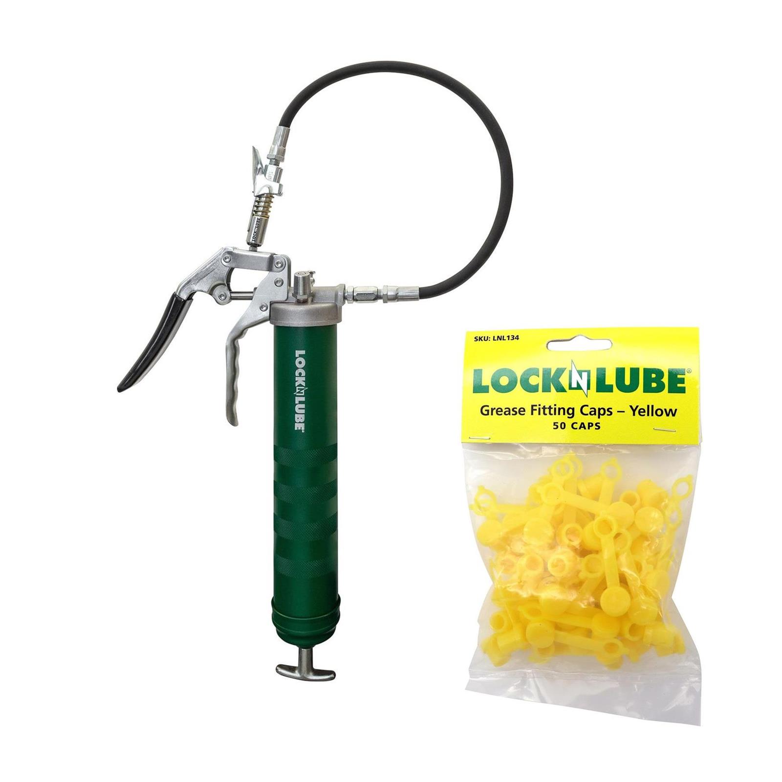 LockNLube Pistol Grip Heavy Duty Grease Gun With 50 Fitting Caps